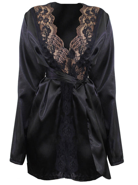 Black Long Sleeve Satin Robe With Lace Trim – Luxury Divas