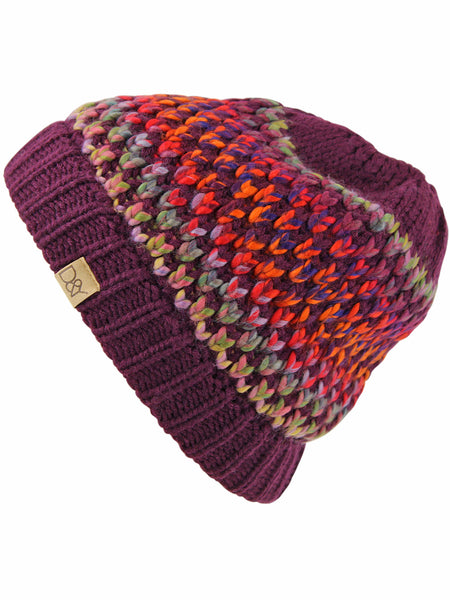 Plum Multicolor Knit Messy Bun Ponytail Beanie Winter Cap Hat – Luxury ...